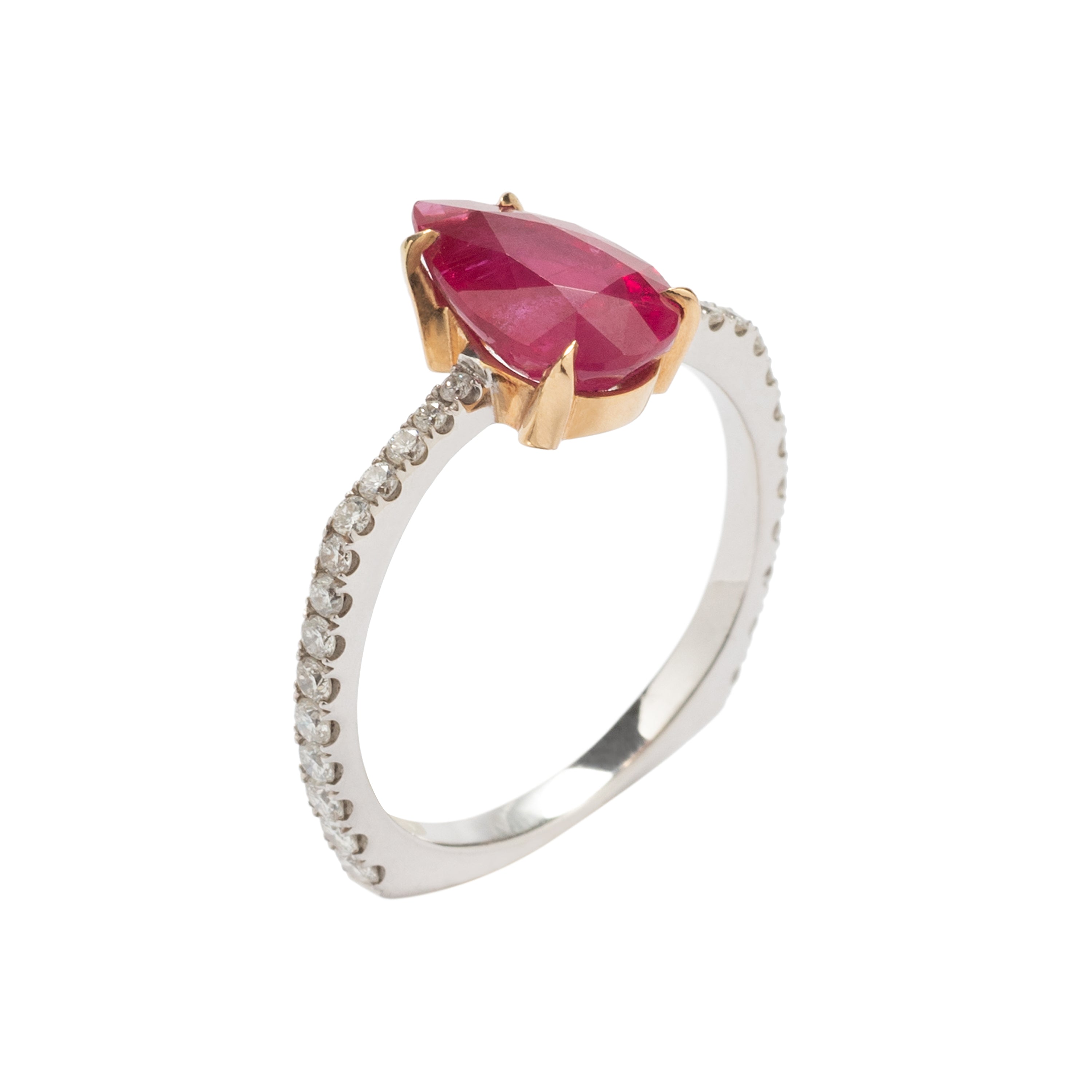Pigeon Blood ruby ring with white diamonds in 18k white and rose gold ...